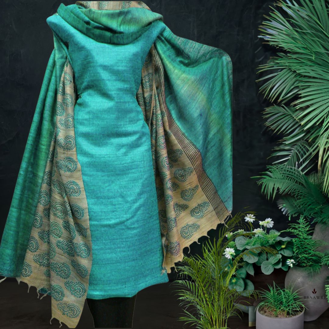 Shaded Green Blue Tussar Silk Dress Material – bbaawri